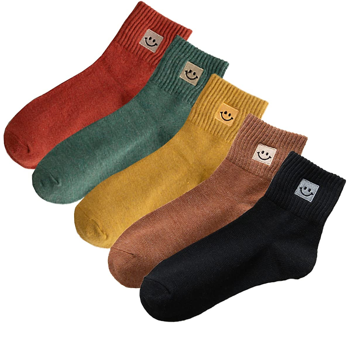 XIUYANG 5 Pairs Cute Crew Socks Aesthetic Socks,Smiling Face Embroidery Cotton Ankle Novelty Funny Socks for Women Girls
