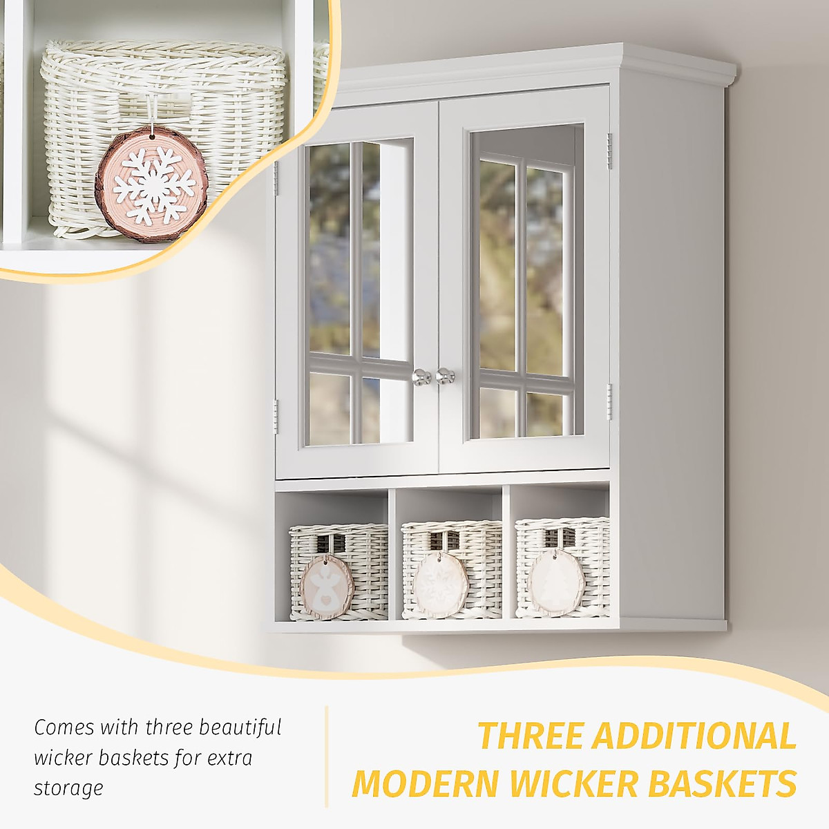 VKTO Bathroom Wall Cabinet with Mirrors,Wall-Mounted Storage Organizer Over Toilet with 3 Storage Baskets and 2 Adjustable Shelves, Bathroom Mirror Medicine Cabinet for Bathroom, Kitchen,White