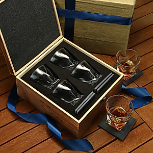 Whiskey Glasses Set of 4 - Gift For Men, Dad, Father, Brother - Twisted Old Fashioned Classic Whiskey Glass Set with Slate Coasters in Premium Wooden Box - Twist Glasses for Whisky, Bourbon, Scotch