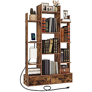 HOOBRO Bookshelf, Bookcase with Charging Station and 2 Drawers Storage, Rustic Tree Shaped Wooden Bookshelves with 12 Storage Shelves, for Bedroom, Home Office, Living Room BF140USJ01