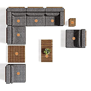 JiuZhuo 9 Pieces Outdoor Patio Furniture Sectional Conversation Set Modern L Shape Teak Outdoor Sectional Sofa Set with Wood Coffee Table in Gray(6-Pieces Sofa and 3-Pieces Table)