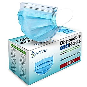 WAVE Essentials Blue Disposable Face Masks | Indoor/Outdoor Protective Nose & Mouth Coverings with 3-Layer Safety Shield, Elastic Ear Loops & Comfortable Universal Design for Adults & Kids | Bulk Pack of 50