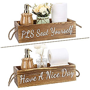 Luxspire Bathroom Decor Box, 2 Sides Farmhouse Wooden Toilet Paper Holder Tissue Storage Toilet Tank Topper Organizer, Rustic Bathroom Tray Restroom Funny Sayings, Wood Basket Box Home Decor, Brown