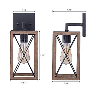 VILUXY Wood Wall Sconces Retro Industrial Rectangle Bedside Wall Sconce Plug-in Cord with Switch Lighting Fixture Black Wall Lamp for Bedroom, Hallway, Entryway, Passway, Dining Room 2 Pack