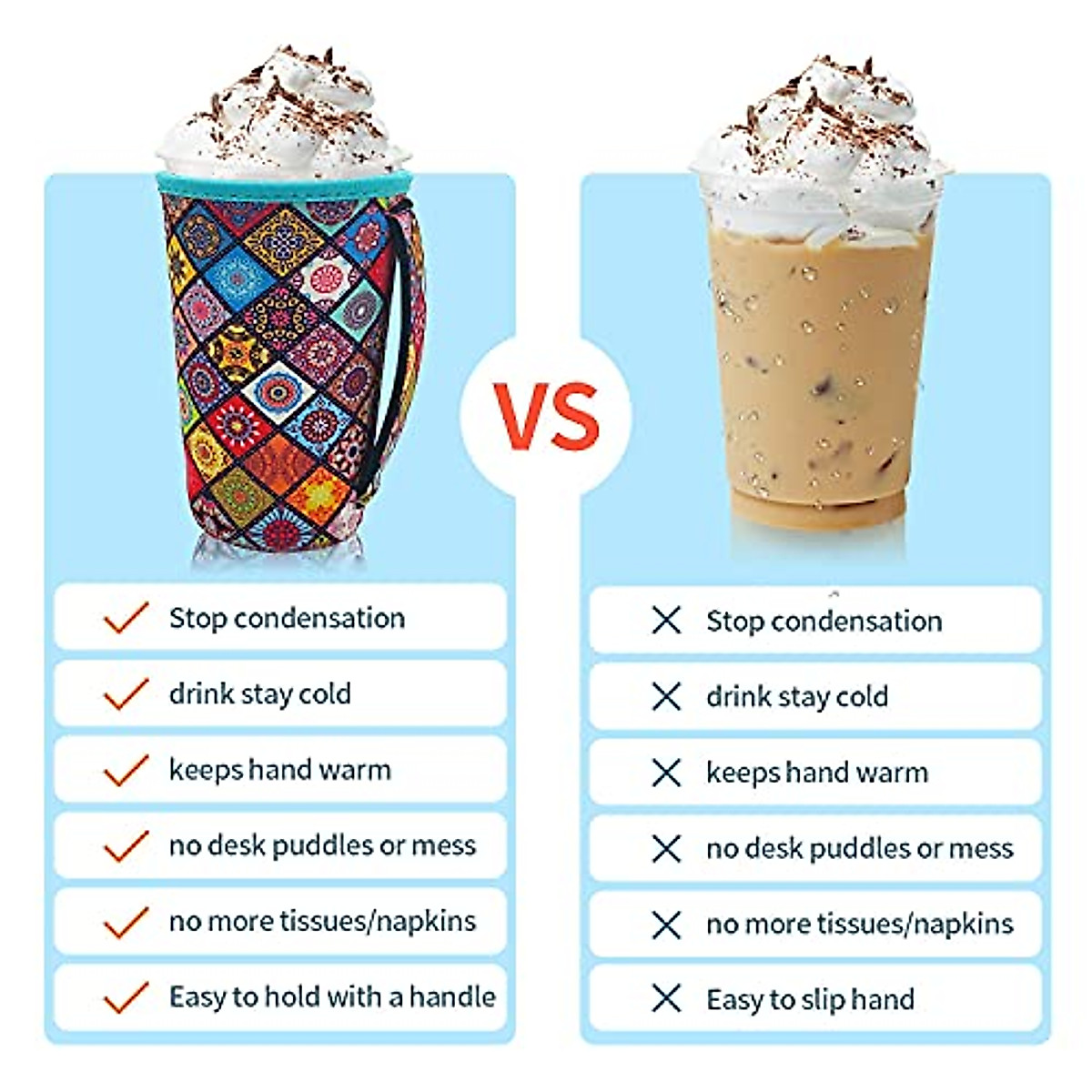 4Pack Reusable Iced Coffee Sleeve Insulator Sleeves for Cold Drinks Beverages, Neoprene Cup Holder With Handle for Most Coffee, Fits 30 - 32 Oz Large Cups (Mandala with Handle)