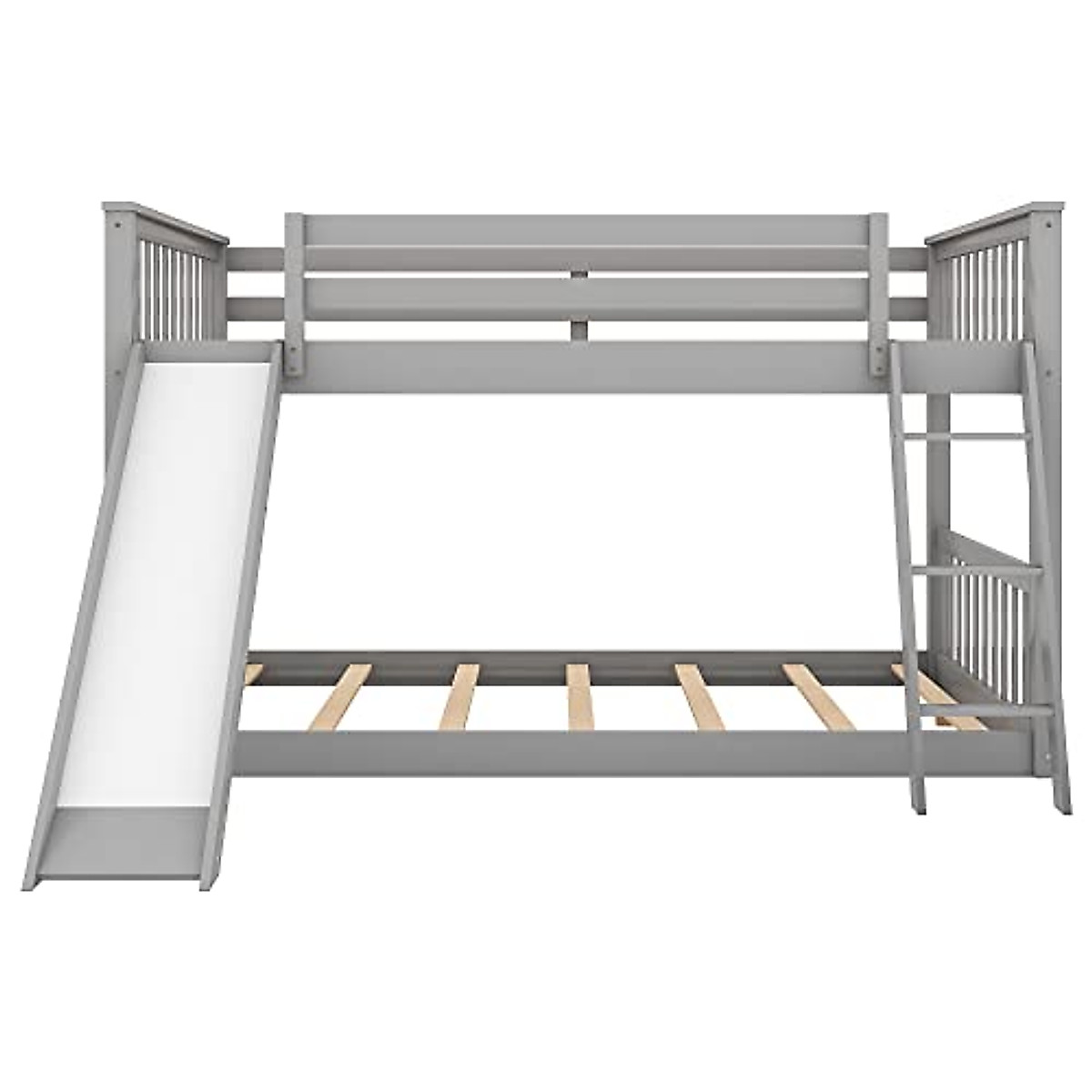 GLORHOME Full Over-Full Wood Bunk Bed with with Convertible Slide and Ladder, Solid Slat Support Bedframe for Kids Teens Bedroom, No Box Spring Needed, Grey