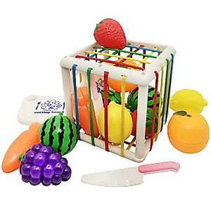 TwKueor Baby Shape Sorting Cube with Kitchen Cutting Fruit Toys, Sensory Bin with Colorful Elastic Rope for Toddlers, Babies and Kids Early Educational Montessori Learning Developmental STEM Toys