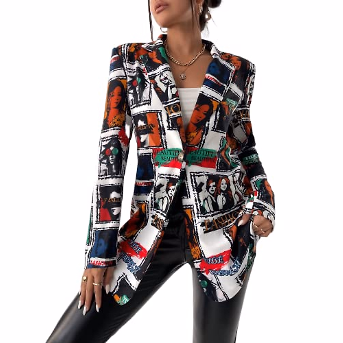 WDIRARA Women's Graphic Print Button Front Long Sleeve Causal Work Blazer Jacket Coat Multicolor White M