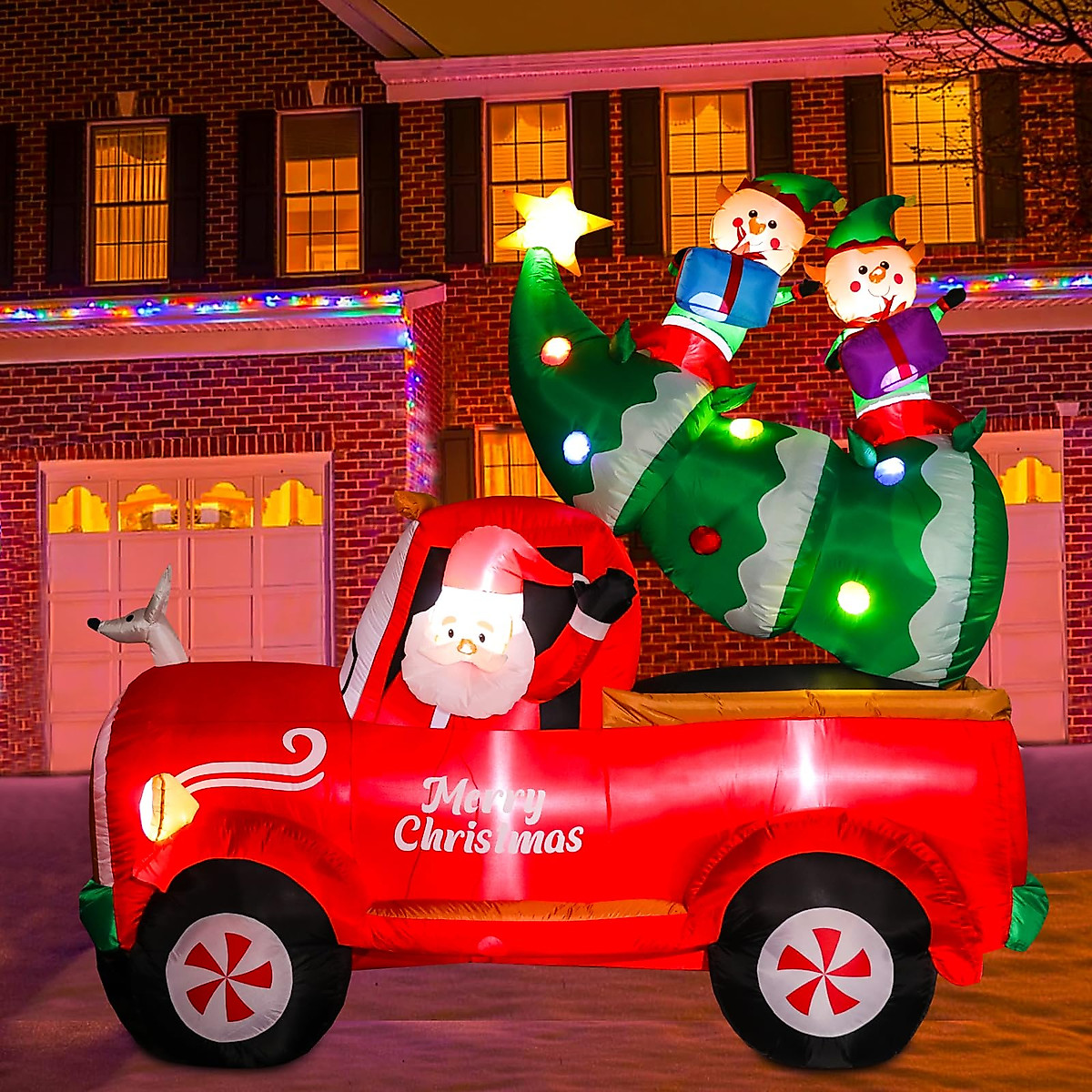 8 FT Christmas Inflatables Yard Decorations, Blow Up Santa on Red Truck with Christmas Tree and Elfs, Light Up Holiday Inflatables for Indoor Outdoor, Xmas Party, Lawn, New Year