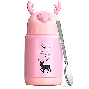 Kids Water Bottle-13 Oz Lunch Container Leak Proof Thermal Flask With Folding Spoon,Double Walled Thermos (Pink)