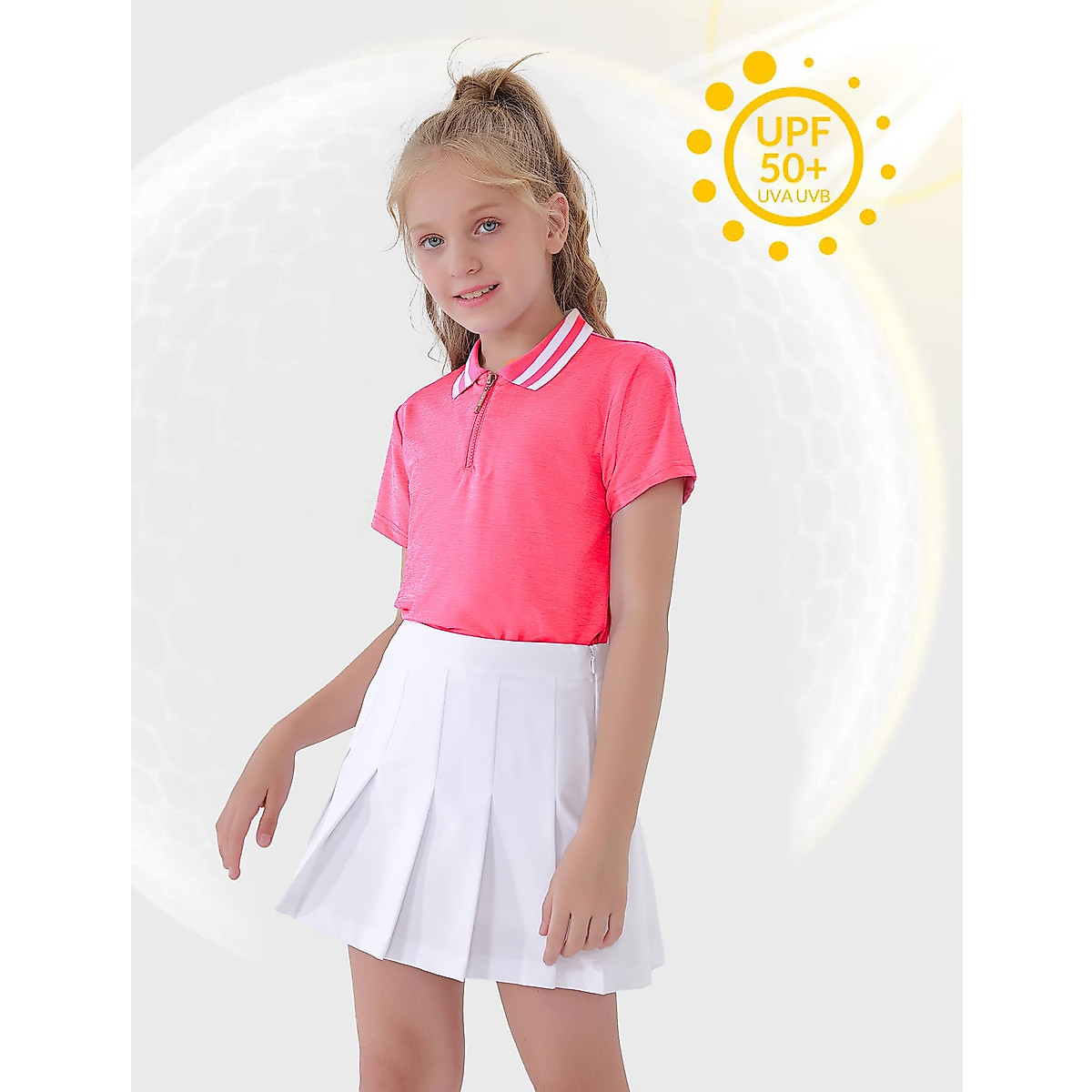 EXARUS Girls' Short Sleeve Golf Tennis Polo Shirts Kids 1/4 Zip Athletic Workout Quick Dry Golf Clothes UPF 50+ T-Shirts Rose 8 Years