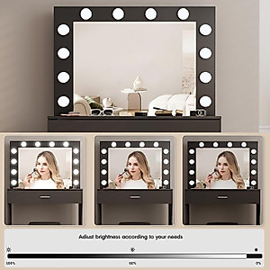 Vanity Desk with Mirror and Lights, Adjustable Brightness, Black Vanity Table Set with Storage Drawer,Makeup Vanity Set with Cushioned Chair