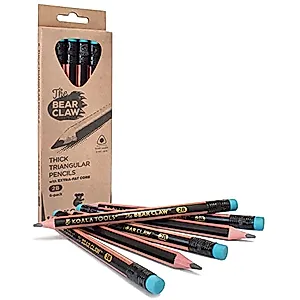 Koala Tools | Bear Claw Pencils (pack of 6) - Fat, Thick, Strong, Triangular Grip, Graphite, 2B Lead with Eraser - Suitable for Kids, Art, Drawing, Drafting, Sketching & Shading