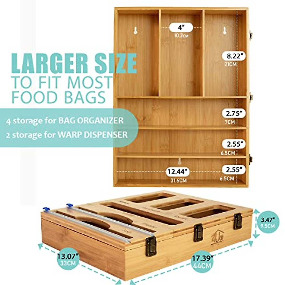 4UKIT Ziplock Bag Storage Organizer Bamboo 6 in 1- Plastic Wrap and Foil (12,4" Roll) Dispenser with Cutter-Suitable for Snack, Gallon, Quart & Sandwich Bag- Kitchen,Pantry,Cabinet,Drawer Organizer