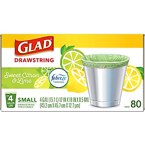 Glad Small Kitchen Drawstring Trash Bags – 4 Gallon Green Trash Bag Febreze , Sweet Citron & Lime, 80 Count (Package May Vary)