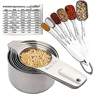 Measuring cup and spoon set stainless steel 13 inch 18/8 stainless steel: 7 measuring cups and 5 measuring spoons, with a professional magnetic measurement conversion table