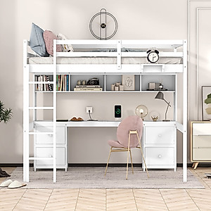 Jintop Full Size Loft Bed with Desk and Cabinets,Multifunctional Storage Solid Wood Bed Frame w/Drawers,Bedside Tray,Charging Station,Integrated Ladder,for Bedroom,Apartment,White