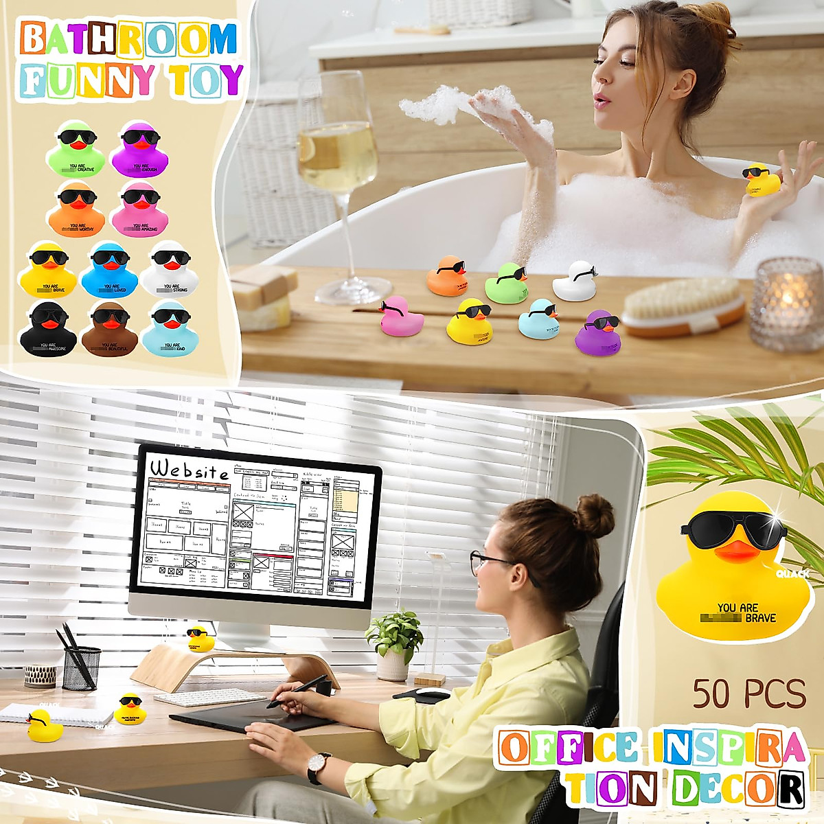 Glimin 100 Set Inspirational Mini Rubber Ducks with Glasses You are Awesome Card and Bag Thank You Gift Employee Appreciation Gift You're Ducking Gift for Christmas Staff Team Coworker Party Favors