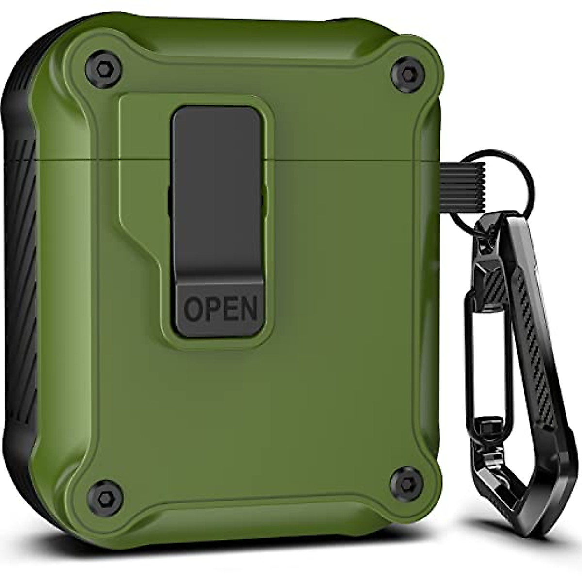 RFUNGUANGO Airpods 2nd & 1st Generation Case Cover Automatic Pop-up with Secure Lock Clip, Full-Body Shockproof Hard Protective Cover with Keychain - Olive Green