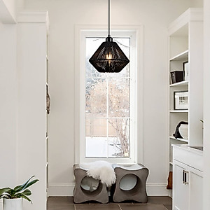 YongMing CL Black Woven Plug in Pendant Light Fixture, 9.65’’ Rustic Farmhouse Pendant Hanging Light with Plug in Cord & On/Off Switch for Kitchen Island Living Dining Room Bedroom Foyer