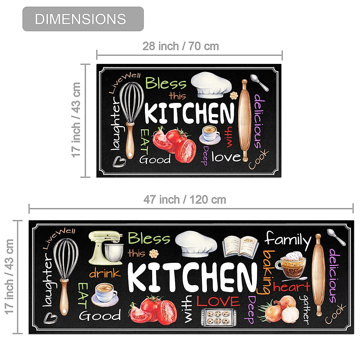 HOLVDENG Kitchen Mat Set of 2 Non Slip Thick Kitchen Rugs and Mats for Floor Comfort Standing Mats for Kitchen, Sink, Laundry, 17"x47"+17"x28"