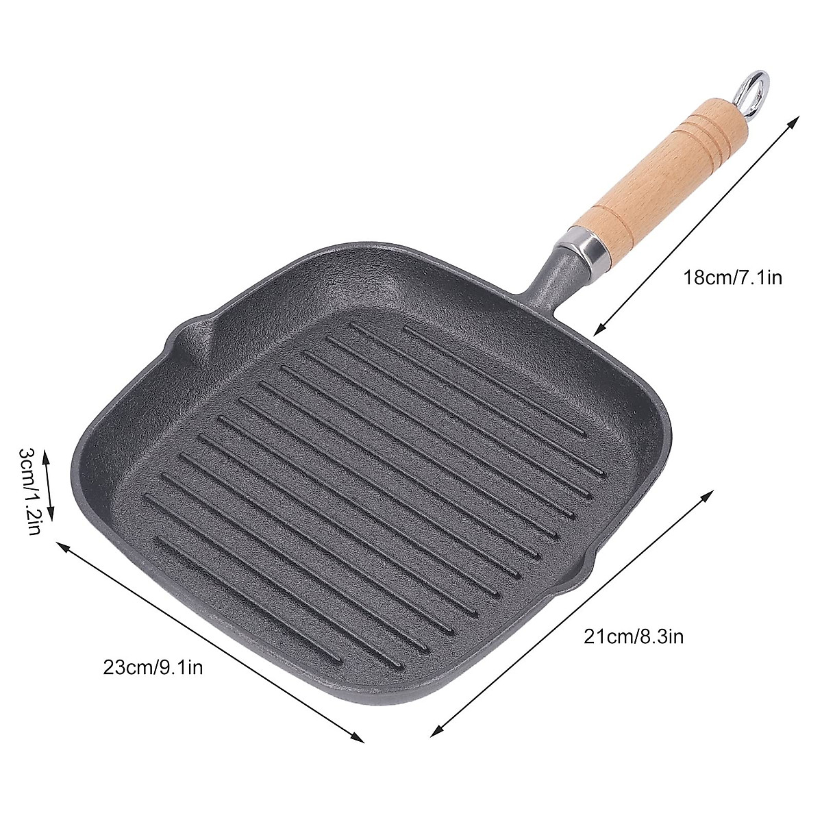 REUIQU Grill Pan, Square Cast Iron Grill Pan Steak Pan with Nonstick Surface, Sear Ridges and Wooden Handle, Multipurpose Prevents Stick Quadrate Steak Pan for Bacon Steak Onion