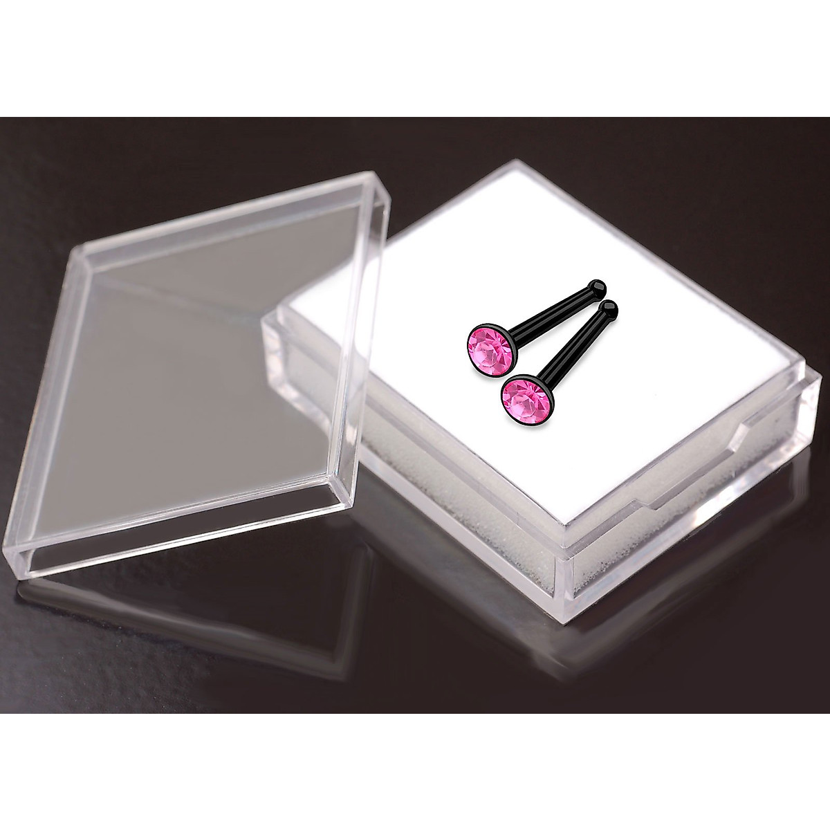 bodyjewellery 2pcs 18g 1mm Nose Stud Bone Straight Bar Nostril Ring Black Anodized Surgical Stainless Steel 2mm Crystal Choose Color (Rose)