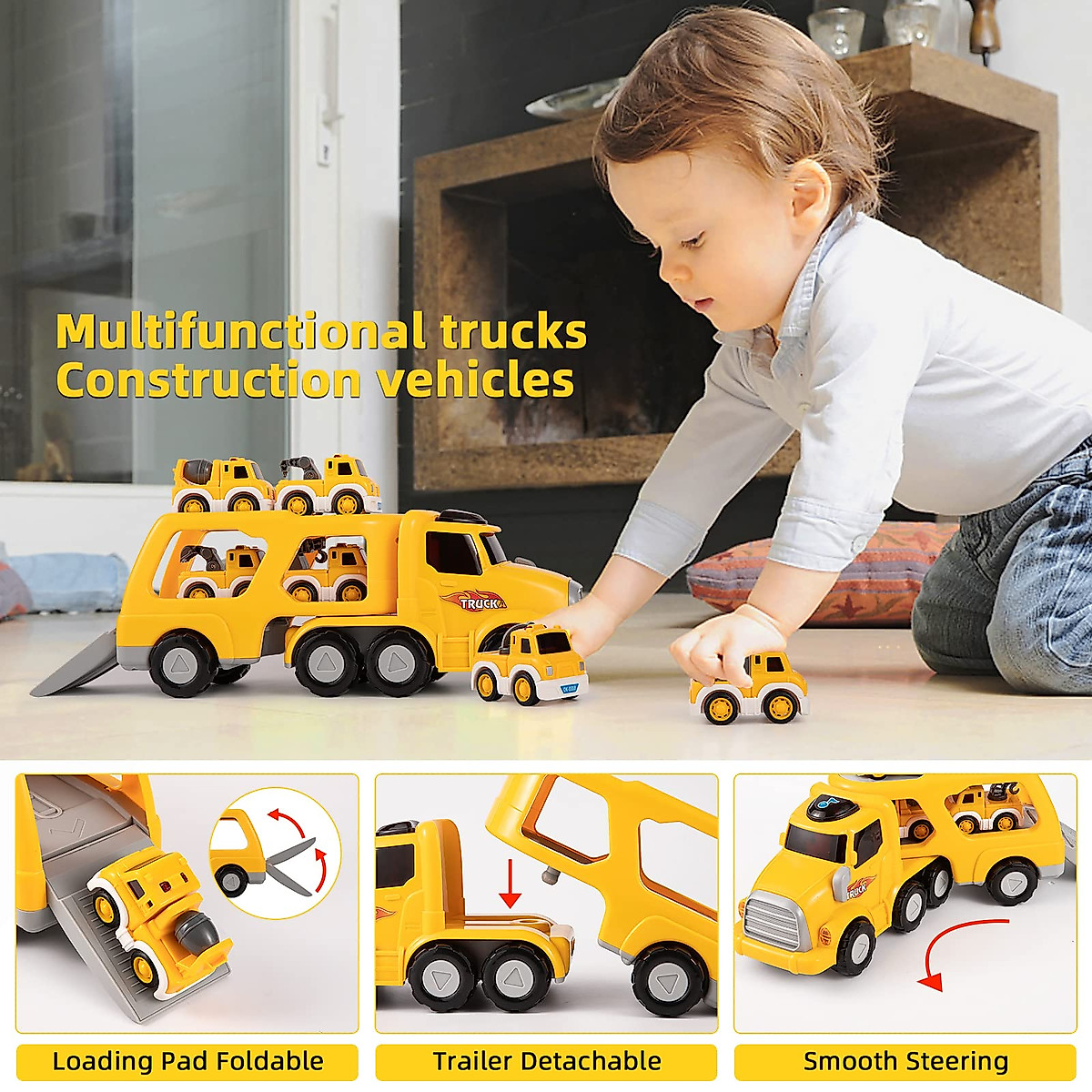 Construction Truck Toys for 3 4 5 6 7 Year Old Boys - 7 in 1 - Friction Power Vehicles Transport Carrier Toy Kids Toys Truck for Toddler Christmas Birthday Toddler Kids Boys Girls Baby Gifts.