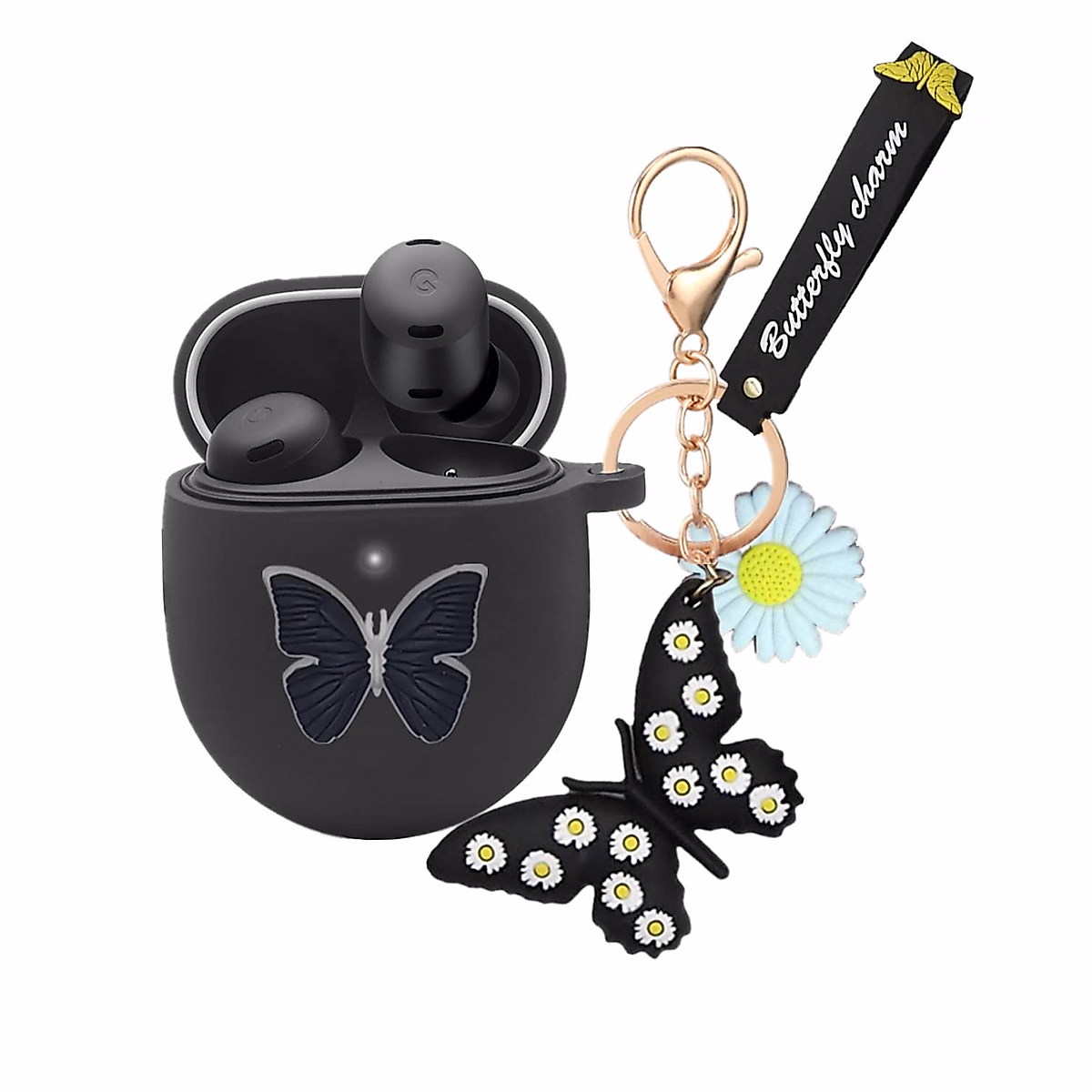 for Google Pixel Buds Pro Case Cover 2022 with Keychain, Cute Cartoon Butterfly Soft Silicone Skin Cover Shockproof Pixel Buds Pro Charging Earbuds Protective Accesorries for Women Girls Men (Black)