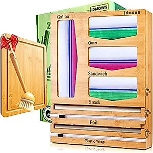 IDMOWN Ziplock Bag Organizer, Foil And Plastic Wrap Organizer, 6 In 1 Kitchen Drawer Organizer Compatible With Gallon Quart Sandwich Snacks, Wrap Dispenser With Cutter, Cutting Board and Washing Brush
