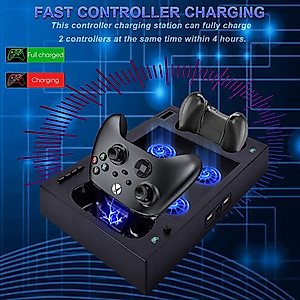Megadream Xbox Series X Stand with Fan, Dual Controller Charging Dock Station with 4 Cooling Fan, 1 Headphone Holder, 2 Pack 1400mAh Rechargeable Batteries for Xbox Series X Console, Black
