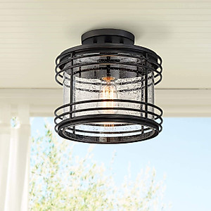 Possini Euro Design Mackie Modern Outdoor Semi Flush-Mount Ceiling Light Fixture Black Geometric 11" Clear Seedy Glass for Exterior House Porch Patio Outside Deck Garage Front Door Garden Home