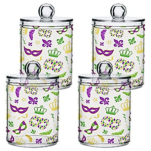 Kigai 4PCS Mardi Gras Qtip Holder Dispenser with Lids - 14 oz Bathroom Storage Organizer Set, Clear Apothecary Jars Food Storage Containers, for Tea, Coffee, Cotton Ball, Floss