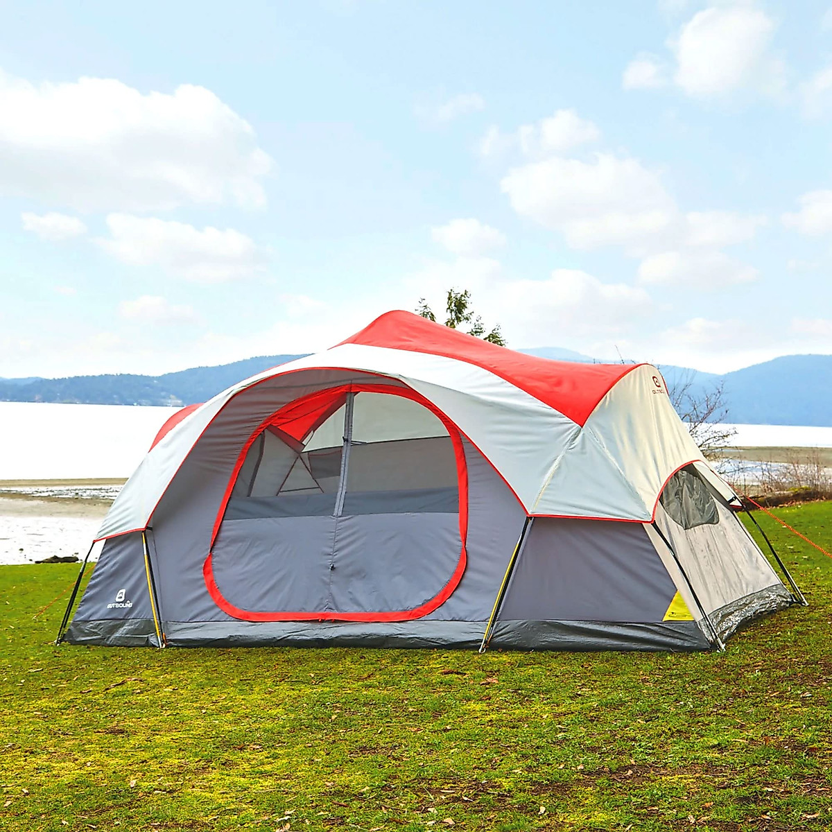Outbound 8 Person 3 Season Lightweight Easy Set Up Dome Camping Tent with Room Divider, Heavy Duty Rainfly, Tent Stakes, and Carrying Bag, Red/Gray