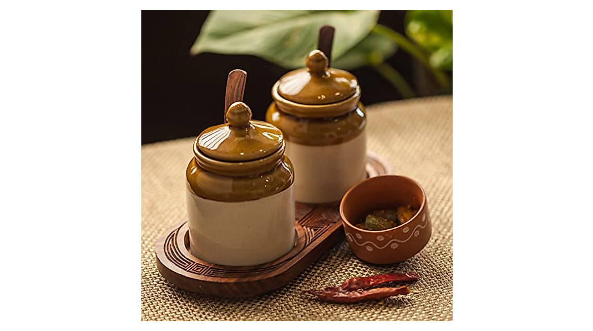 Elegant Ceramic Pickle Jar Set with Wooden Tray | Traditional Dining