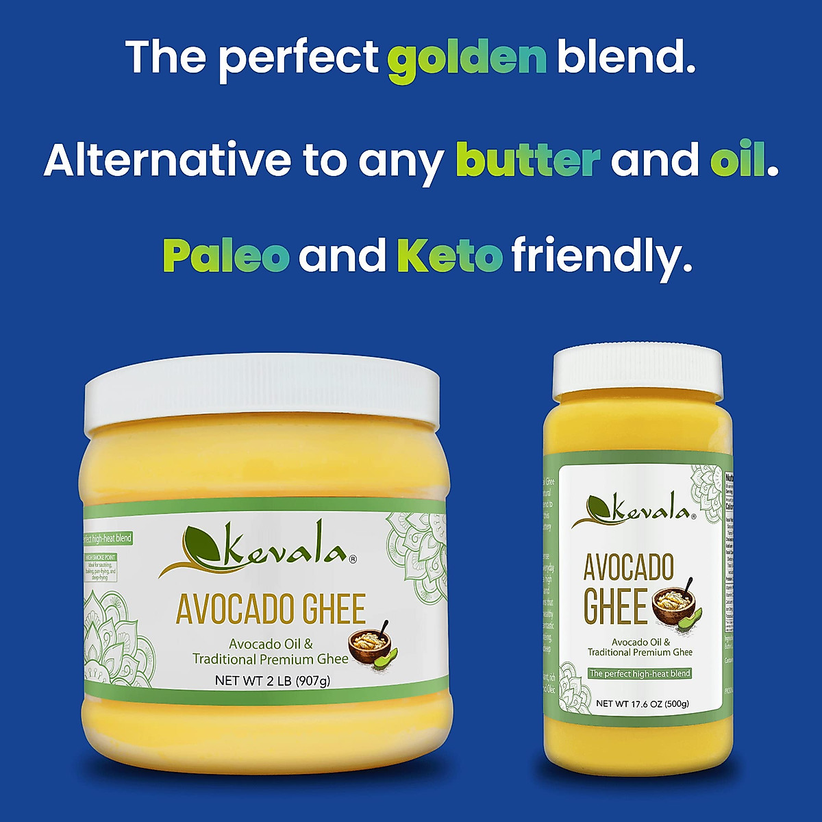 Kevala Avocado Ghee 32 Oz / 2 lb - Avocado Oil and Traditional Premium Ghee High-Heat Blend - Keto - Paleo - Casein Free - Gluten Free - Lactose Free