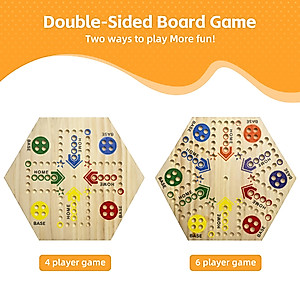 Wooden Board Game, Original Marble Game Board Game Double Sided Painted 2 to 6 Player Fast Track Board Game Wooden with 6 Colors 24 Marbles 6 Dice for Adults Kids Family