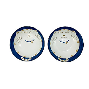 JapanBargain, Japanese Porcelain Shallow Soup Bowl for Dinner Lunch Rice Poke Donburi Udon Ramen Noodle Pasta Cereal Maneki Neko Lucky Cat Pattern for Cat Lovers Made in Japan, Blue (4, 6.75-inch)