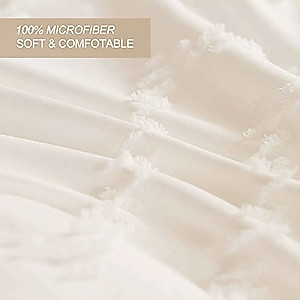 Nanko Beige Duvet Cover Full Size, 3pc Boho Tufted Microfiber Bedding Comforter Cover Set, All Season Aesthetic Shabby Chic Soft Embroidery Textured Geometric Quilt Cover (80x90)