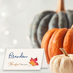 Koko Paper Co Maple Leaf Thankful for You Thanksgiving Table Place Cards | 50 Tent Style Dinner Setting Name Cards | Designed and Made in the U.S.A.