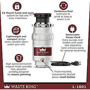 Waste King 1/2 HP Garbage Disposal with Power Cord for Kitchen Sink Food Waste, L-1001