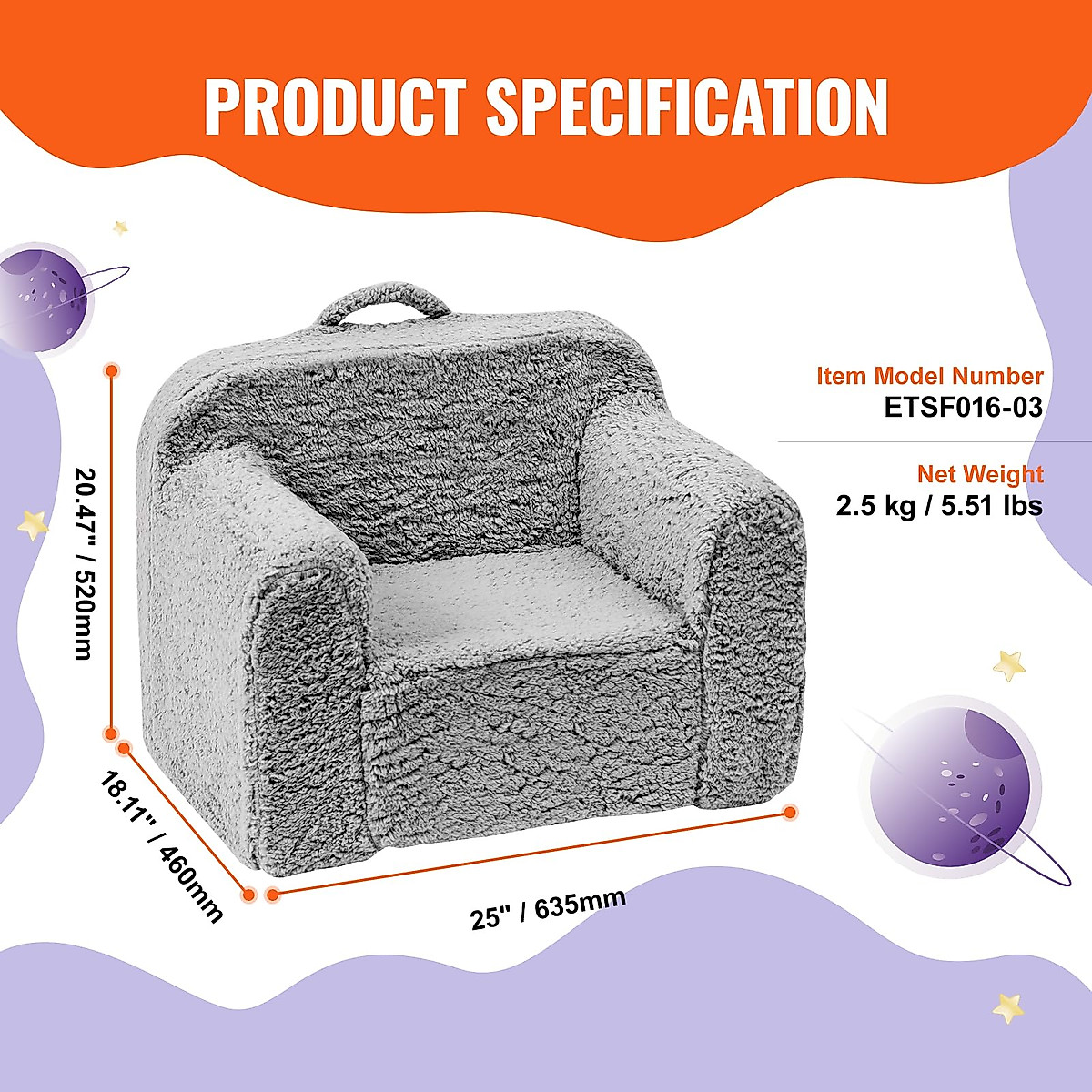 VEVOR Kids Armchair, Kids Sofa with High-Density 25D Sponge, Snuggly-Soft Toddler Chair, Sherpa Fabric Reading Couch for Bedroom and Playroom