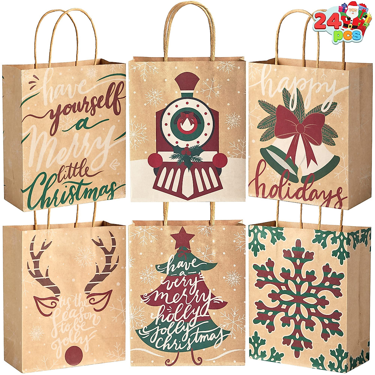 JOYIN 24 PCS Christmas Kraft Bags, Paper Gift Bags with Christmas Characters for Xmas Party Favors, Goody Gift Bags, Holiday Treat Box and Presents 7.25x9x3.5 Inch (not included tissue paper)