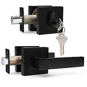 Probrico Flat Black Passage Door Lever with Single Cylinder Deadbolts Combo Pack, Modern Square Lock Set Handleset,Exterior Door Handle and Deadbolts Set,Exterior Door Lever Passage 2 Pack