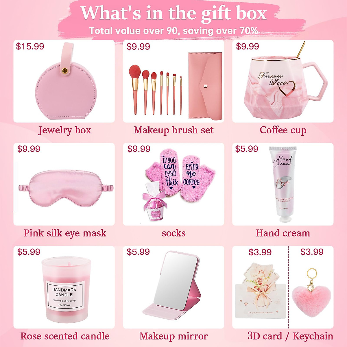 Gifts for Women, 10pcs Unique Birthday Gifts for Women, Mom, Wife, Girlfriend, Sister, Her, Best Friend,Colleague,Christmas, Valentine's Day, Mother's Day Gift Basket-Pink