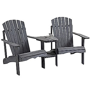Outsunny Fire Pit Seating, 2 Wooden Adirondack Chairs with Outdoor Table & Umbrella Hole, Wood 2 Person Double Adirondack Bench, Gray