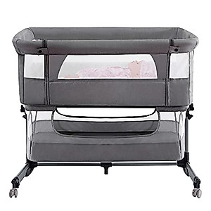 Lamberia Baby Bassinets Bedside Sleeper, Adjustable Bassinet for Baby with Wheels, Easy Folding Portable Crib for Baby, Grey