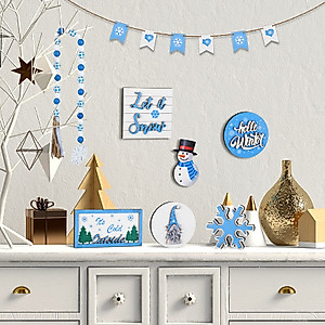 Honoson 13 Pcs Christmas Winter Tiered Tray Decor Snowman Snowflakes Gnome Winter Wooden Sign Set Christmas Tiered Tray Snowflake Sign Winter Tabletop Decor Let It Snow for Holiday Christmas Decor