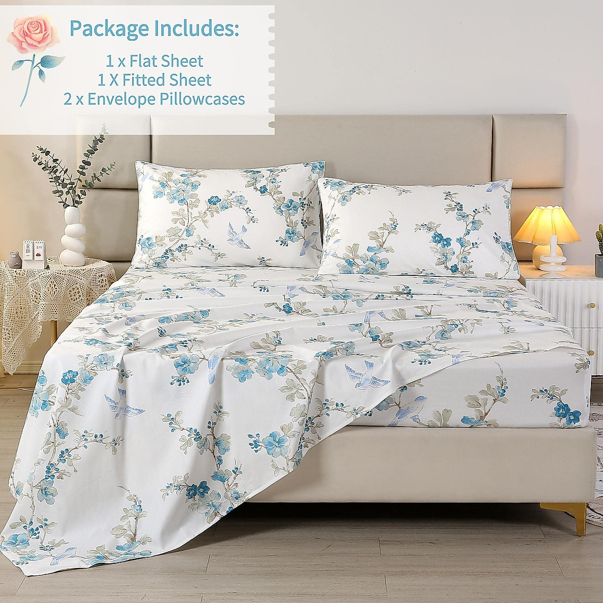 RYNGHIPY Flowers and Birds Sheet Sets Queen Size, Botanical Floral Egyptian Cotton Bedding Sheets, Shabby Cotton Sheets with Pillowcases Extra Breathable 4Pcs (Cyan,Queen Size)
