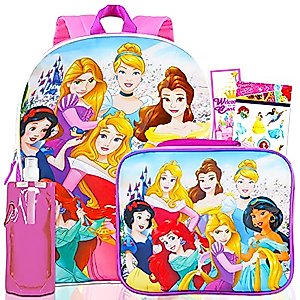Disney Princess Backpack and Lunch Box Set - Bundle with 16" Princess Backpack, Disney Princess Lunch Bag, Water Bottle, Princess Stickers, More | Princess Backpack for Girls